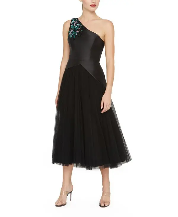 KAY UNGER Embellished One-shoulder Tea Length Dress