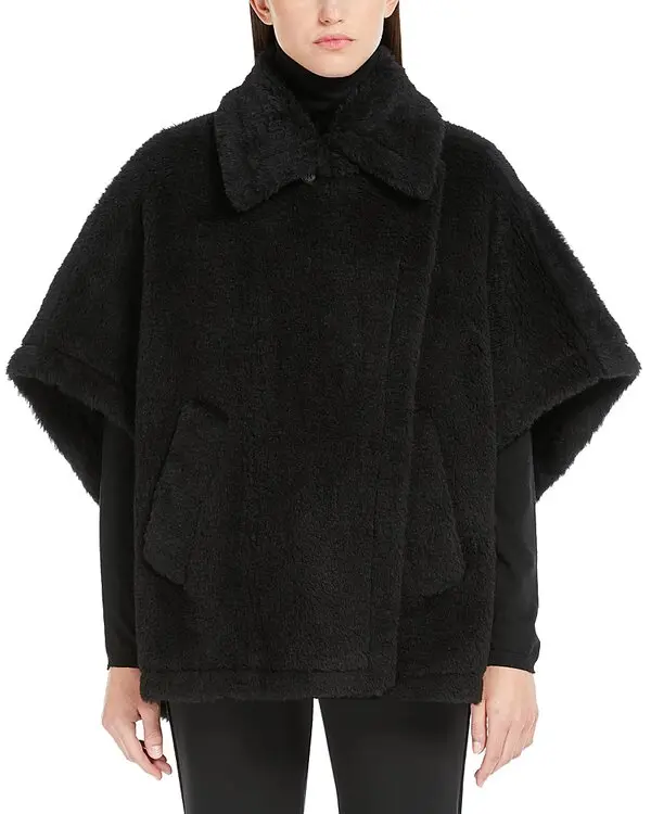 Max Mara Alpaca, Wool & Silk Teddy Poncho Jacket - Black