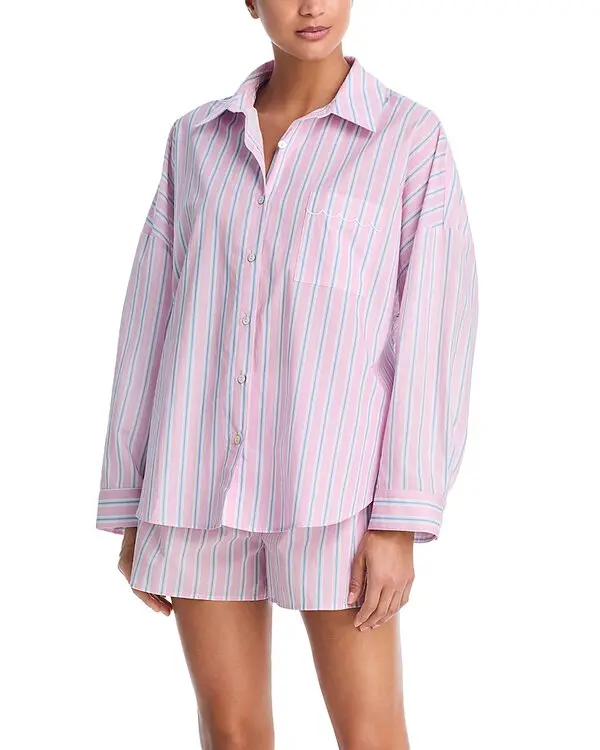 Aqua Striped Long Sleeve Short Pajama Set Exclusive - Pink Stripe