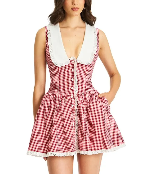MISS CIRCLE NEW YORK Nala Gingham Eyelet Lace Trim Mini Dress - Red