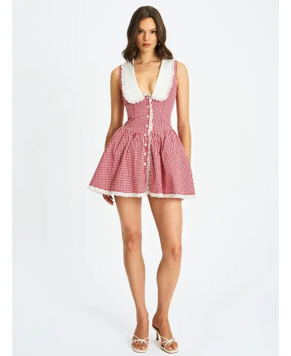 MISS CIRCLE NEW YORK Nala Gingham Eyelet Lace Trim Mini Dress
