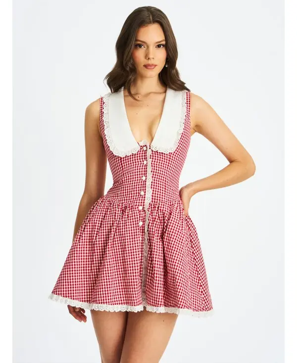 MISS CIRCLE NEW YORK Nala Gingham Eyelet Lace Trim Mini Dress