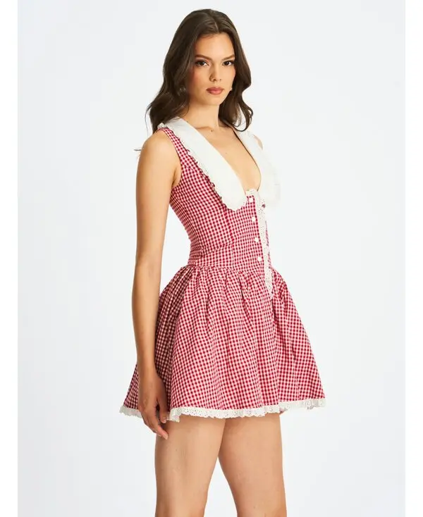 MISS CIRCLE NEW YORK Nala Gingham Eyelet Lace Trim Mini Dress