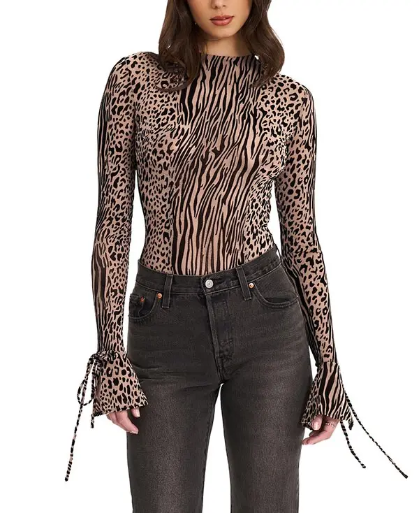 MISS CIRCLE Ibera Animal Print Burnout Velvet Long Sleeve Bodysuit - Brown