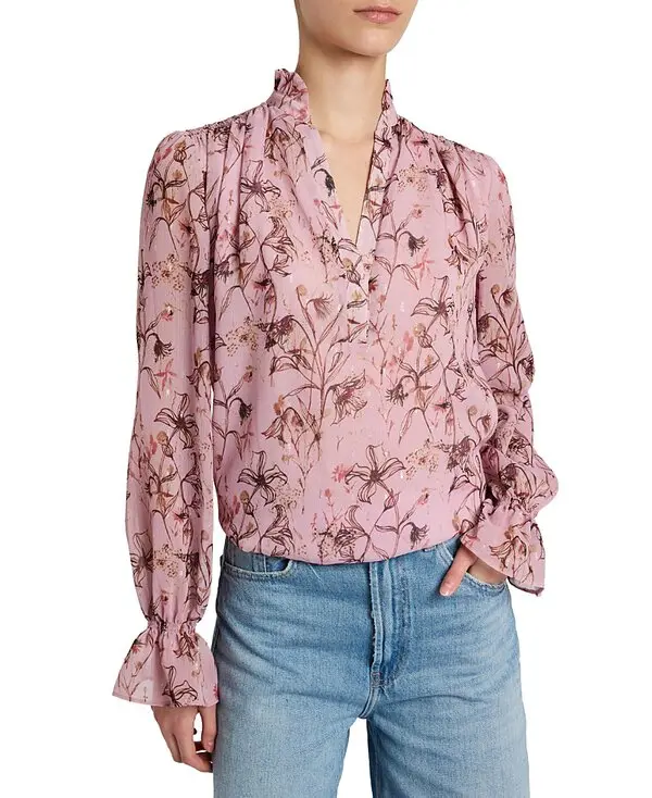Santorelli Chelsea Long Sleeve Ruffle Neck Blouse - Sweet Pink