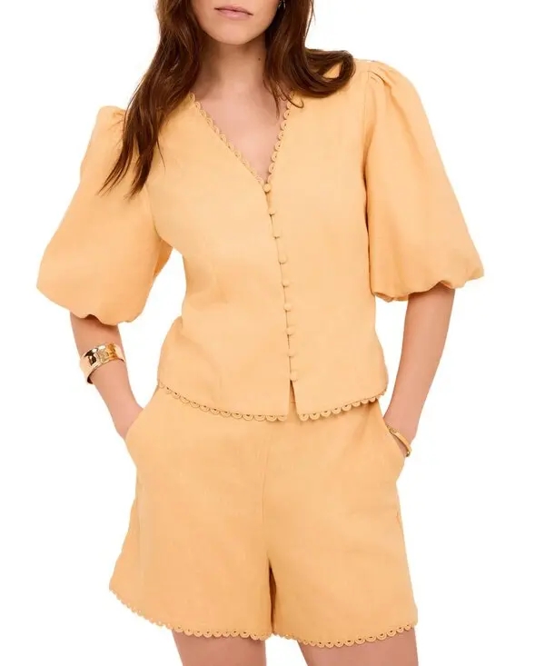 Mint Velvet Linen Puff Sleeve Top - Yellow