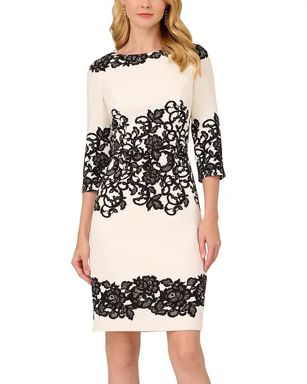 Adrianna Papell Scroll Lace Short Dress - Ivory Black