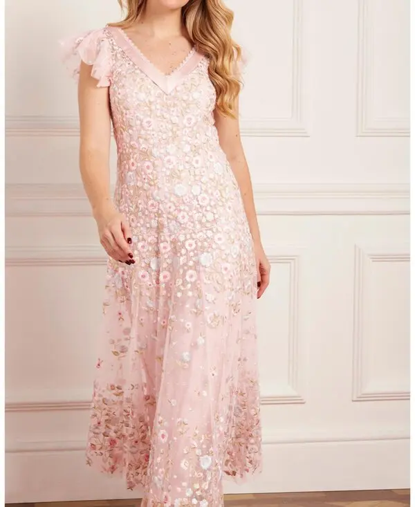 NEEDLE & THREAD Ethereal Blooms Short Sleeve Ankle Gown - Seashell/multi