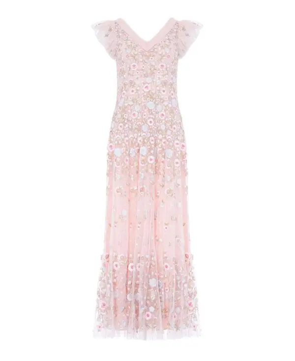 NEEDLE & THREAD Ethereal Blooms Short Sleeve Ankle Gown - Seashell/multi