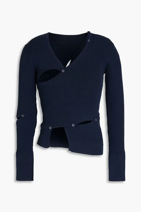 Jacquemus Tordu Button-embellished Cutout Ribbed-knit Top - Navy