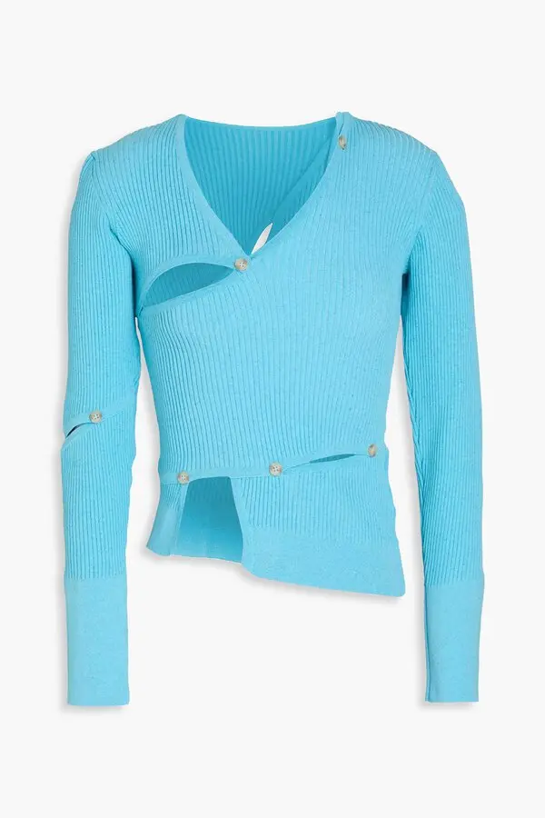 Jacquemus Tordu Button-embellished Cutout Ribbed-knit Top - Turquoise