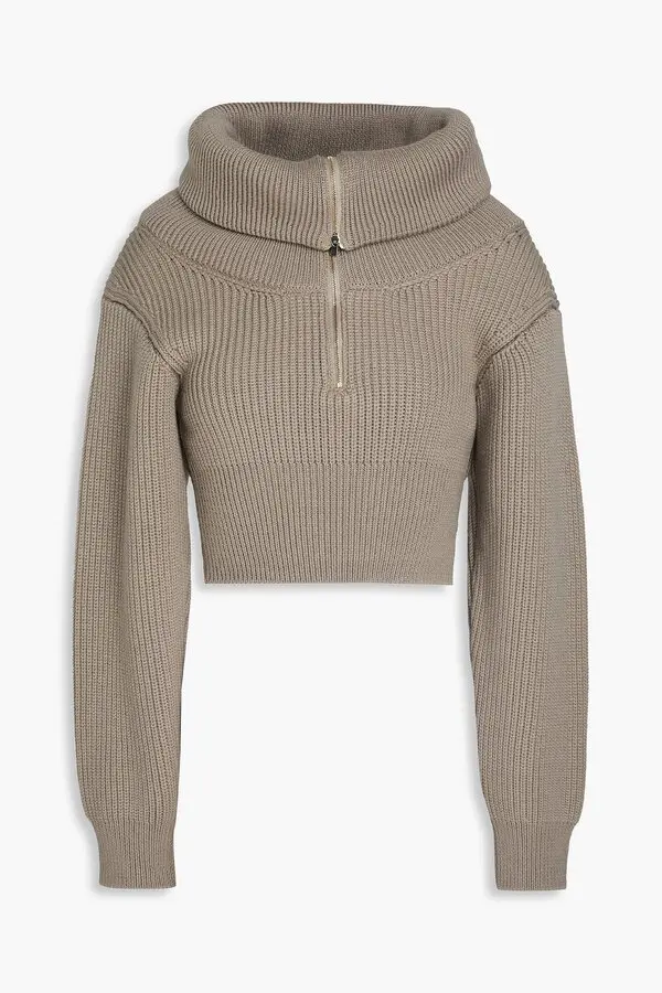 Jacquemus Risoul Cropped Ribbed Wool Half-zip Sweater - Mushroom