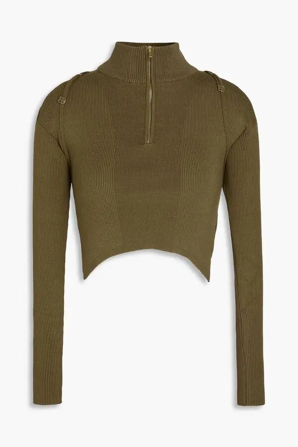 Jacquemus Cropped Ribbed Knit Half-zip Turtleneck Sweater - Army Green