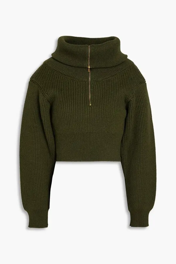 Jacquemus Risoul Cropped Ribbed Merino Wool Half-zip Sweater - Army Green
