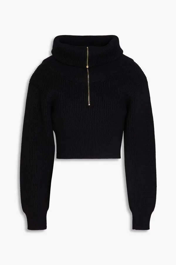 Jacquemus Risoul Cropped Ribbed Merino Wool Half-zip Sweater - Black