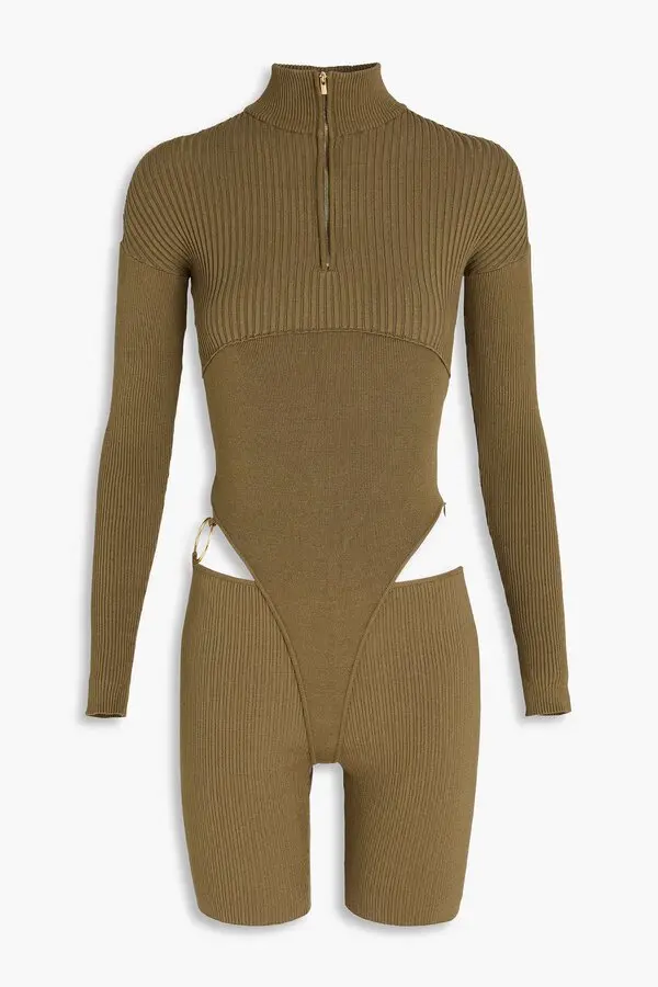 Jacquemus Bormio Cutout Ribbed-knit Playsuit - Army Green