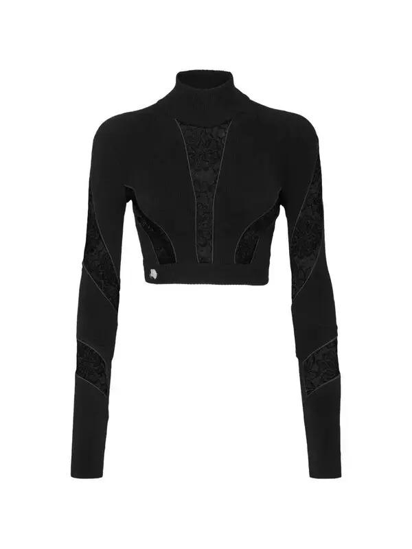 Philipp Plein Lace Long-sleeved Cropped Top - Black