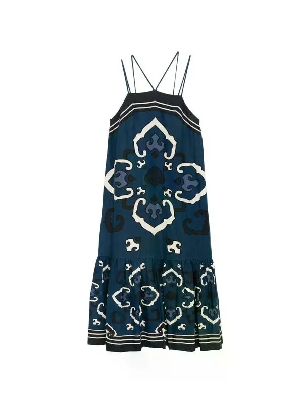 Sea Printed Strap Midi Dress - Blue