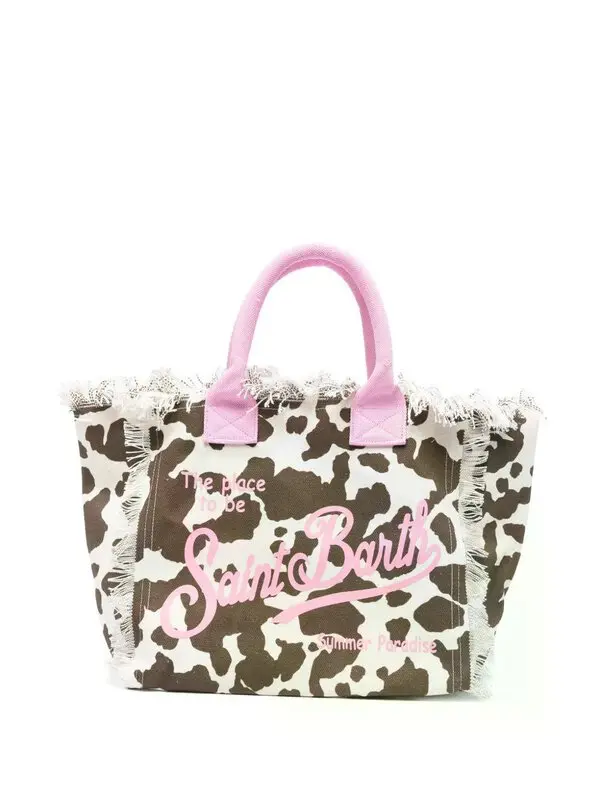 MC2 SAINT BARTH Cow-print Frayed Tote Bag - White