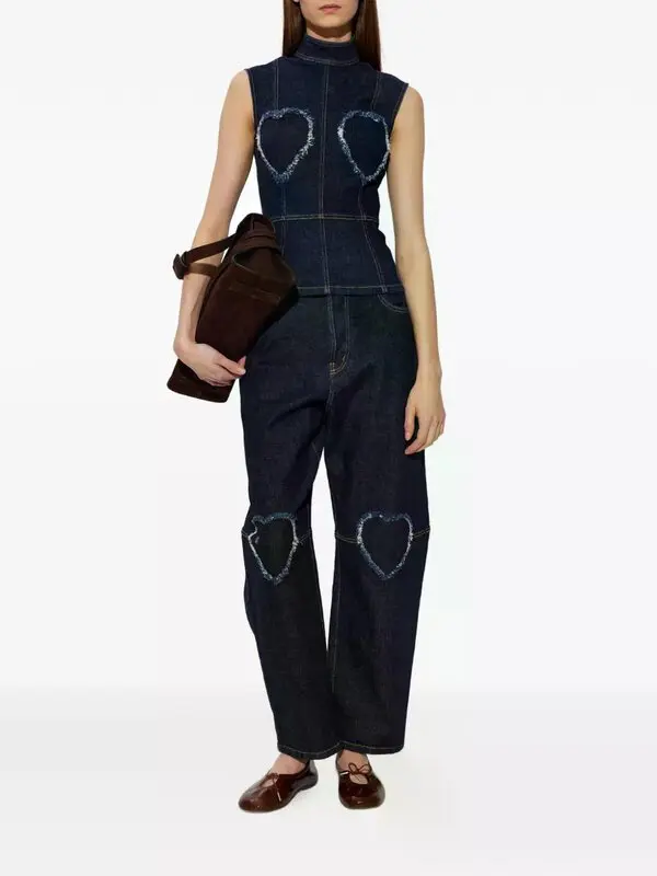 Moschino Sleeveless High Neck Denim Top With Heart Appliqu - Blue