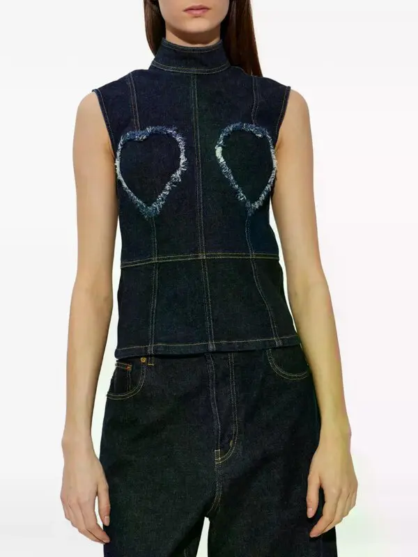 Moschino Sleeveless High Neck Denim Top With Heart Appliqu - Blue