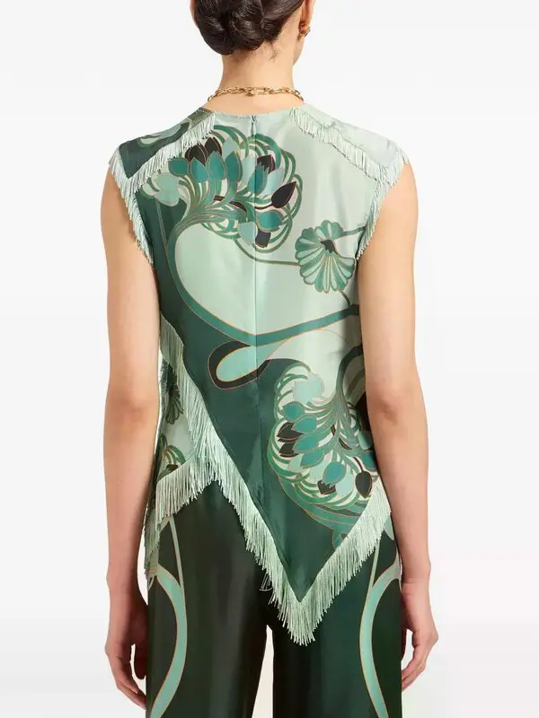 La DoubleJ Fringed Floral Scarf Top - Green