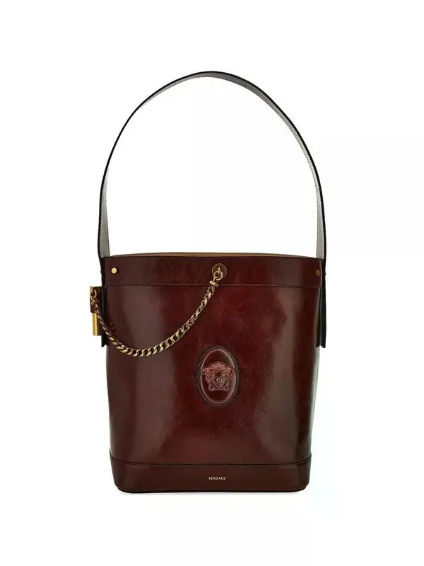 Versace Pivot Leather Bucket Bag - Brown