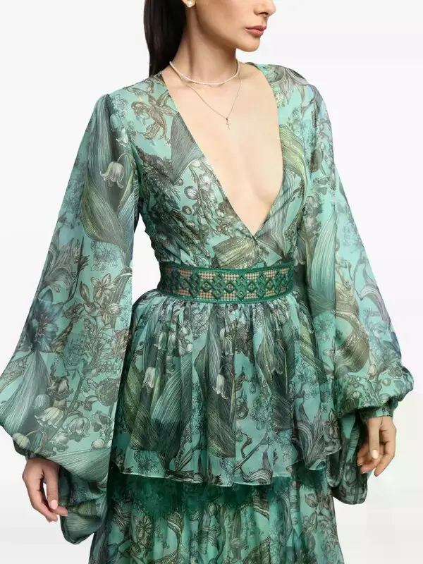 MIAU BY CLARA ROTESCU Floral-print Tiered Dress - Green