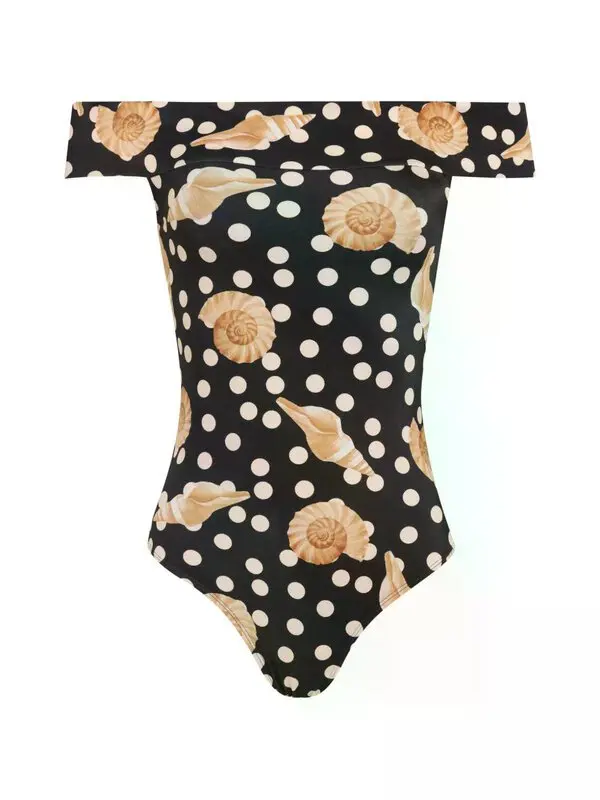 BRIGITTE Debora Polka-dot Seashell-print Swimsuit - Black
