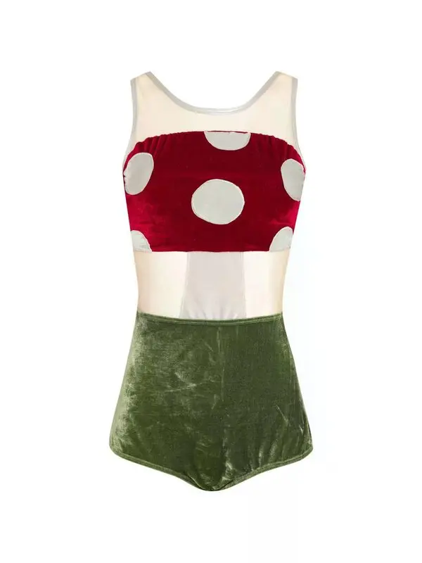 BRIGITTE Polka-dot Velvet-panel Swimsuit - Green