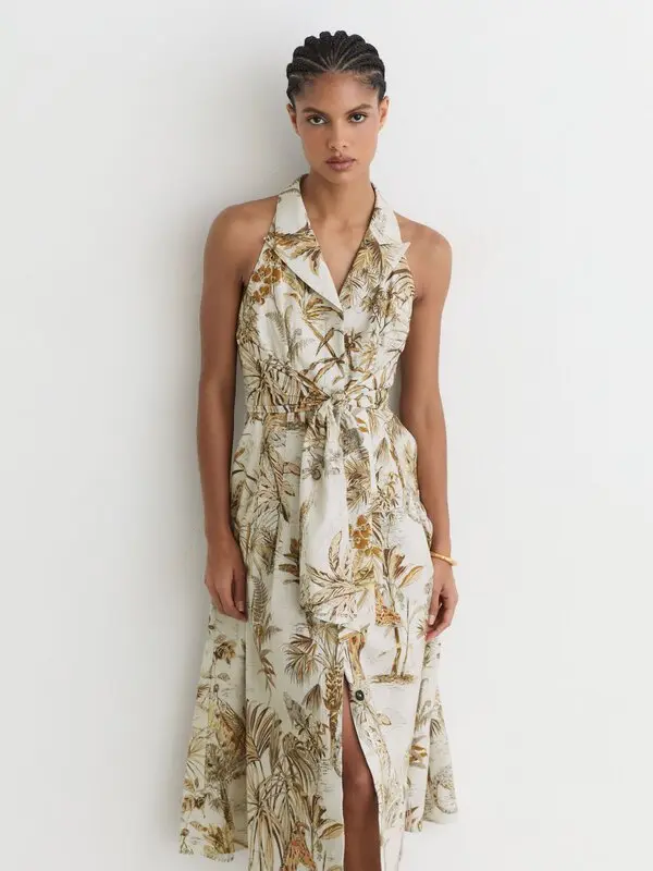REISS Tate Cotton Safari-print Tailored Midi Dress - Neutral