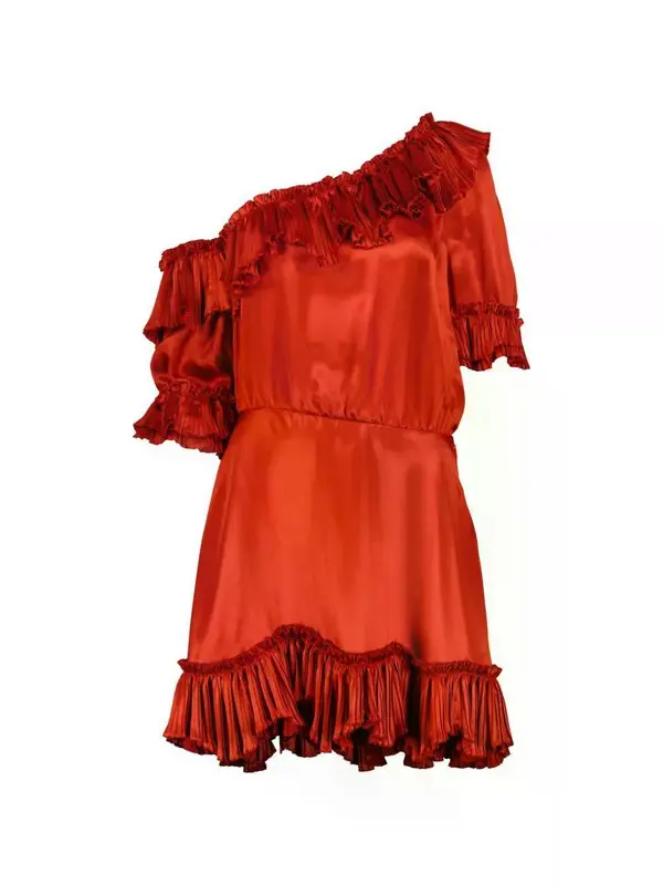 Saint Laurent Ruffled Asymmetric Silk Dress - Red