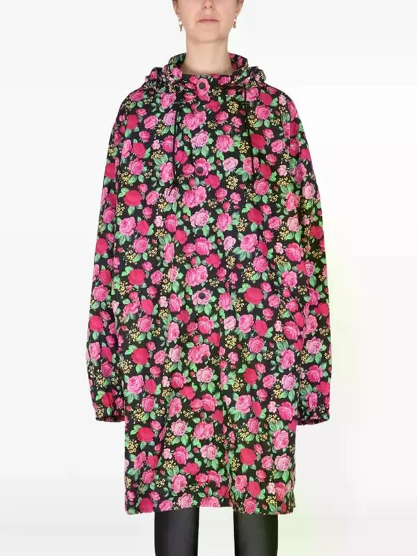 Balenciaga Floral-print Hooded Coat - Black