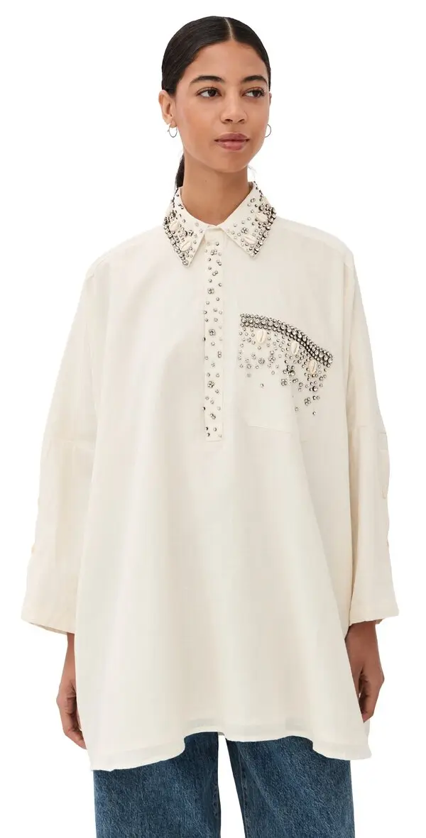 La Vie Style House Cowrie Shell Embellished Boyfriend Shirt - White