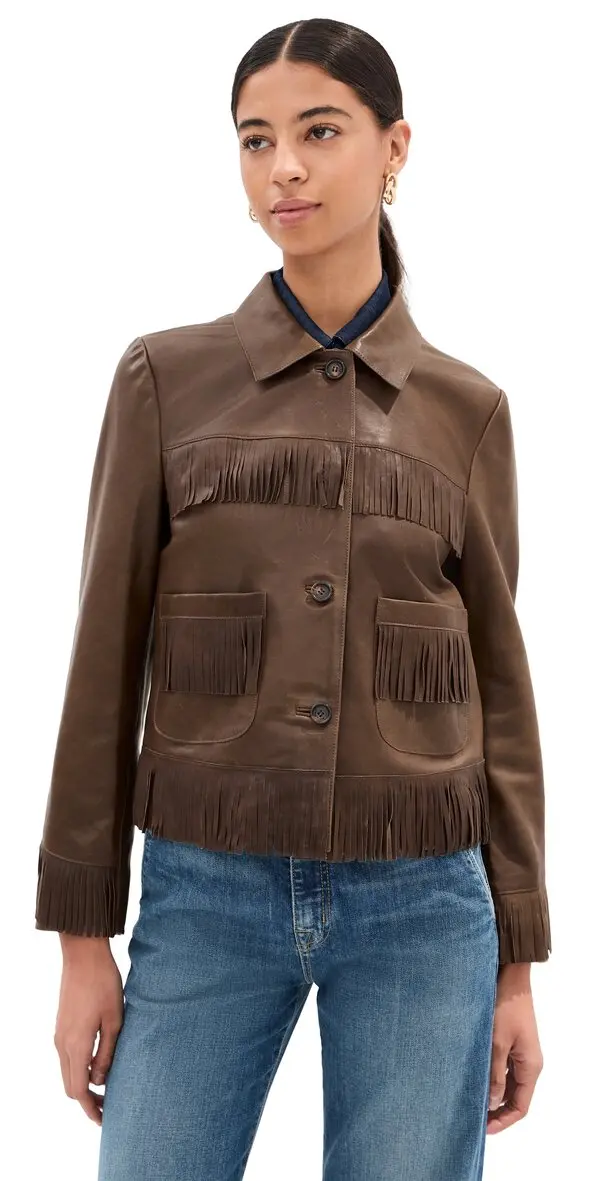 NILI LOTAN Lazare Fringe Leather Jacket - Dark Brown