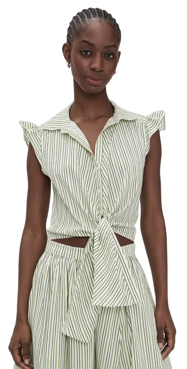 Cinq À Sept Sophie Stripe Flutter Sleeve Top - Ivory/lime