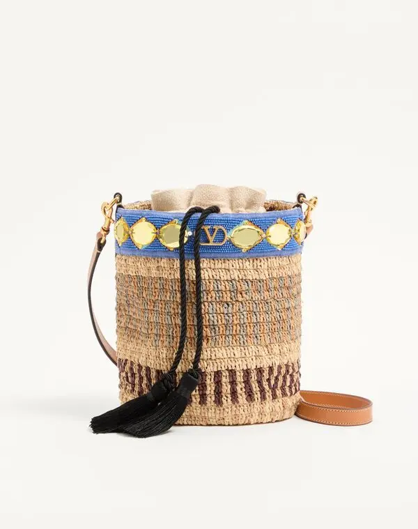 Valentino Garavani Small Raffia Embroidered Bucket Bag - Natural/azure