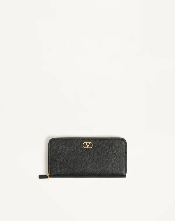 Valentino Garavani Vlogo Signature Zip Wallet In Grainy Calfskin - Black