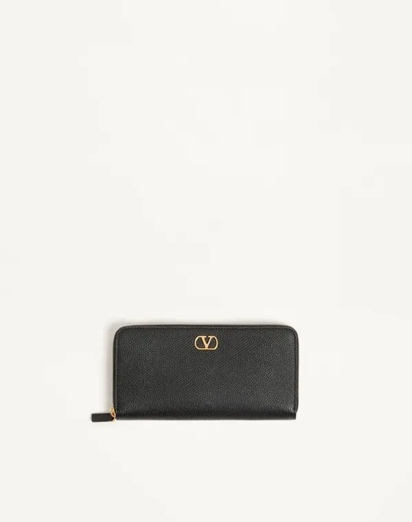 Valentino Garavani Vlogo Signature Zip Wallet In Grainy Calfskin - Black