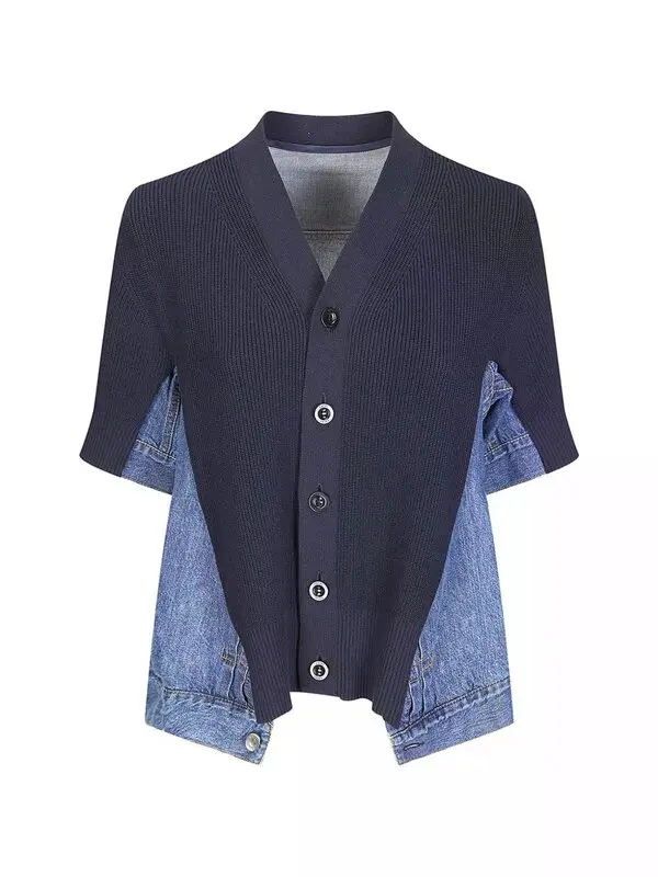 Sacai Panelled Denim-knit Cardigan - Blue