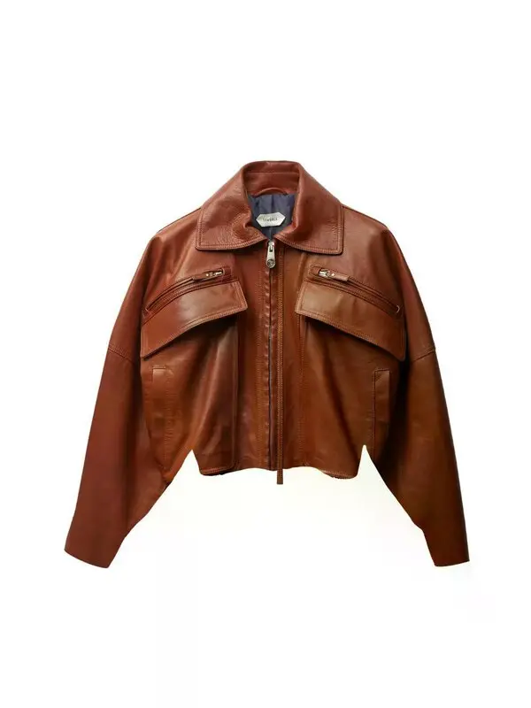Versace Pocket Zip Leather Jacket - Brown