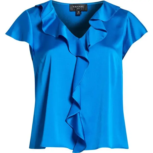 TAHARI ASL Ruffle Satin Top - Blue Jewel