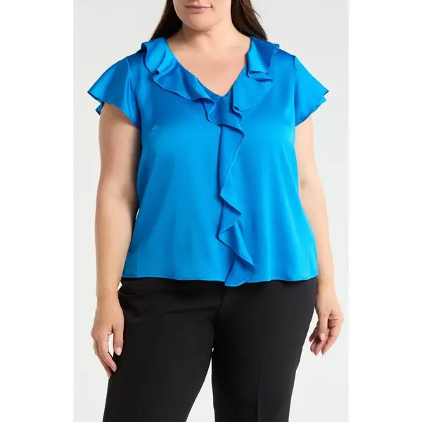 TAHARI ASL Ruffle Satin Top - Blue Jewel