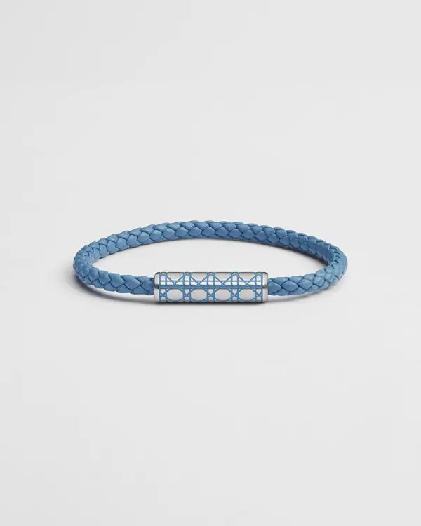 Dior Cannage Woven Leather Bracelet - Light Blue Calfskin, Silver-finish Brass And Light Blue Lacquer