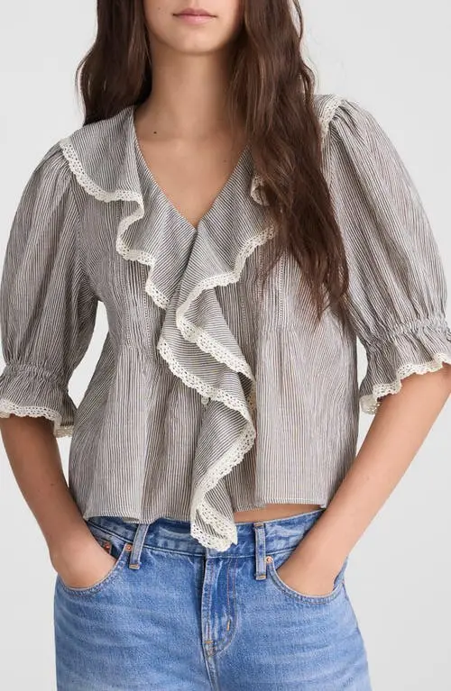 Madewell Ruffled Puff Sleeve Cotton Button-up Shirt - Black And Ivory Micro Stripe