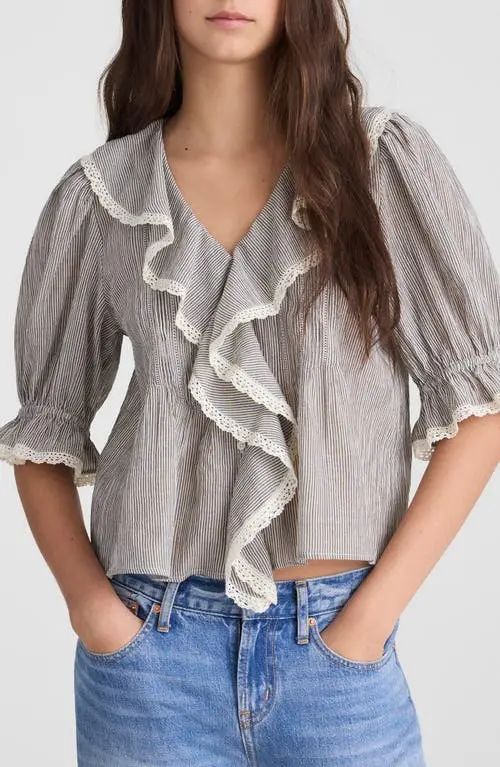 Madewell Ruffled Puff Sleeve Button-up Shirt - Blue White Micro Str