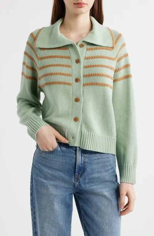 The Great. The Scholar Crochet Stripe Cardigan - Seafoam