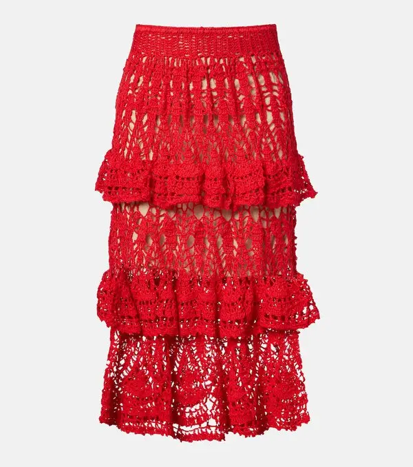 Anna Kosturova Elsie Crochet Ruffled Cotton Midi Skirt - Red