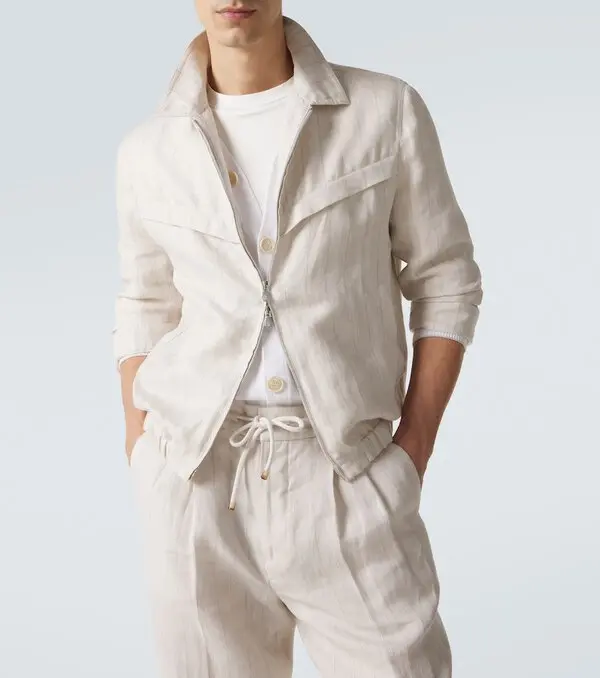Brunello Cucinelli Striped Linen Blouson Jacket - White