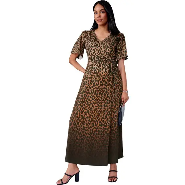 JESSICA LONDON Flutter Sleeve Wrap Maxi Dress - Neutral Gradient Cheetah